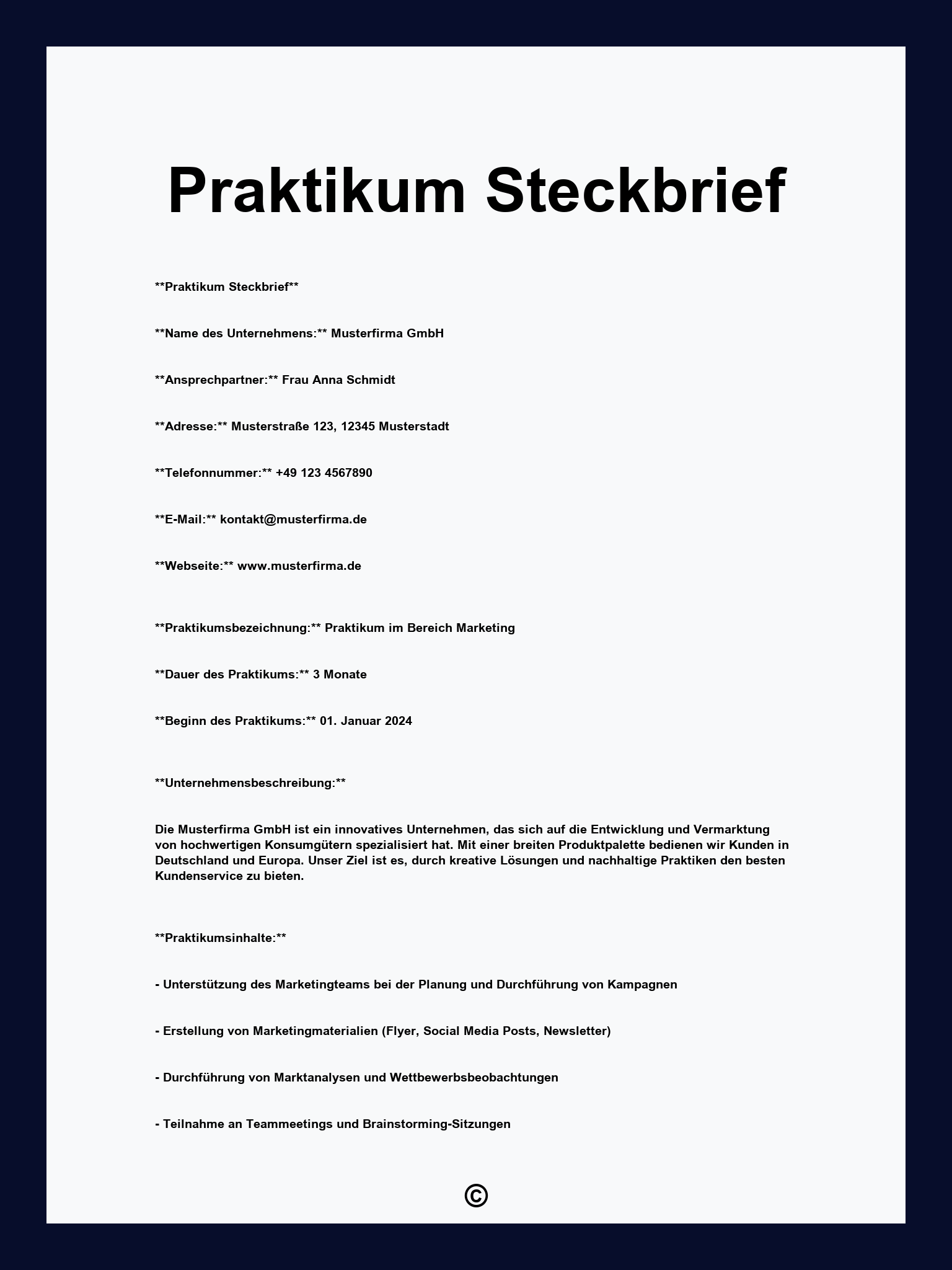 Praktikum Steckbrief