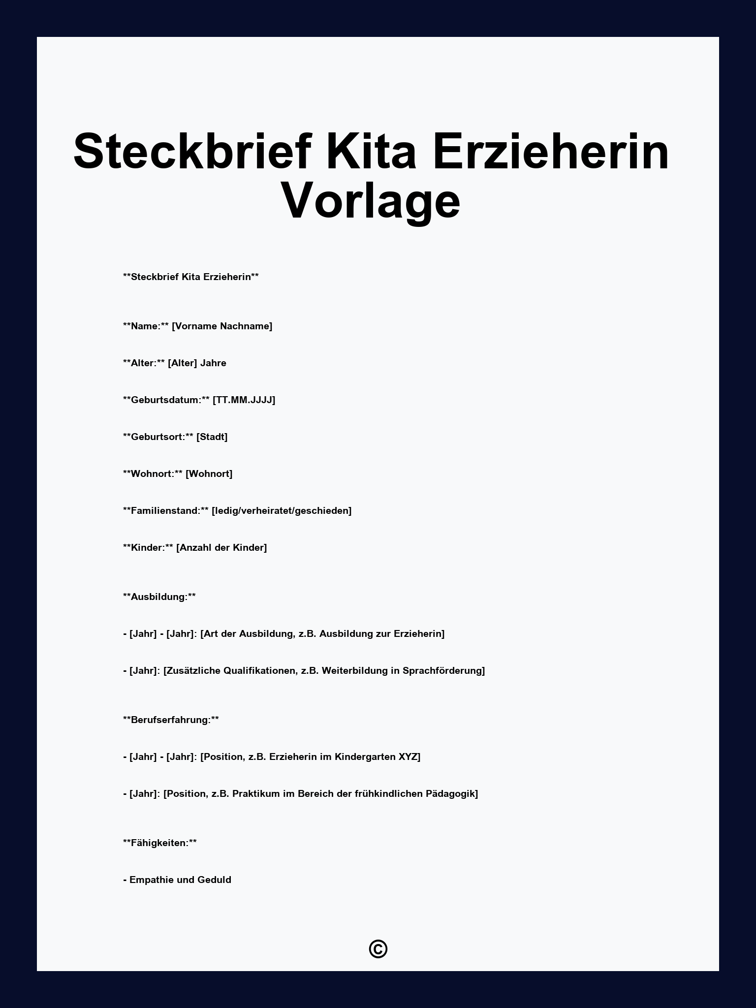 Steckbrief Kita Erzieherin Vorlage