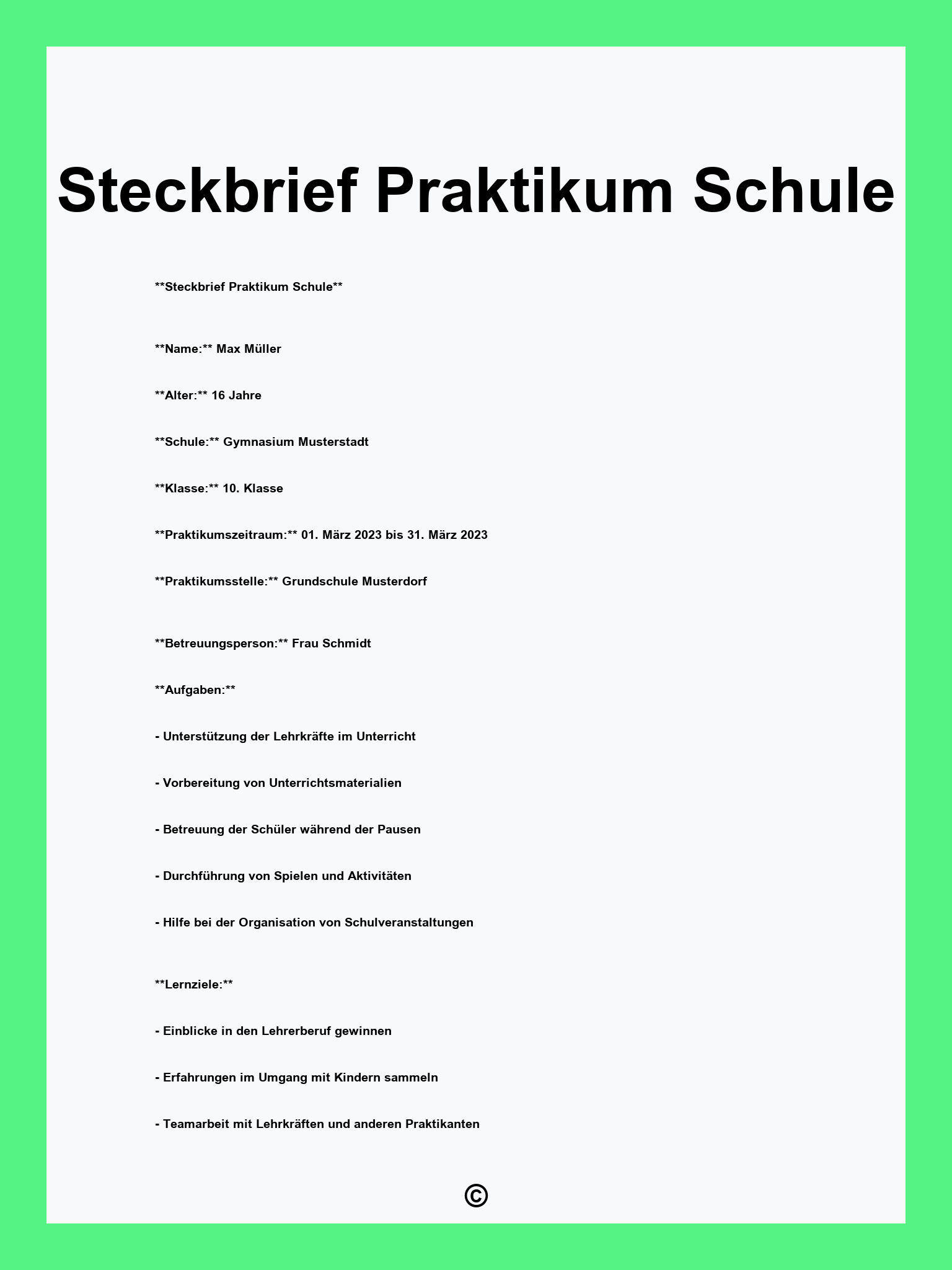 Steckbrief Praktikum Schule